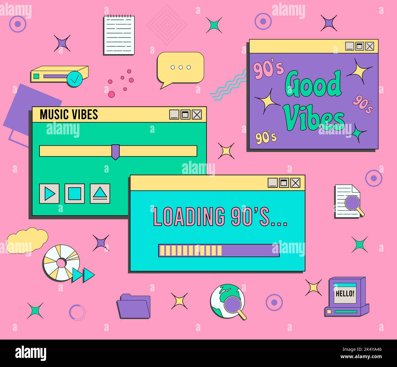 Set of vaporwave UI and UX elements. PC retro game frame. Nostalgic ...
