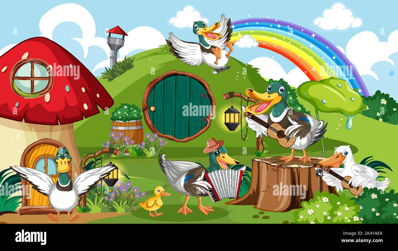 Outdoor scene with cartoon ducks illustration Stock Vector Image & Art ...