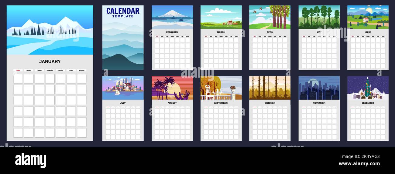 Template Calendar landscape natural backgrounds of four seasons Stock ...