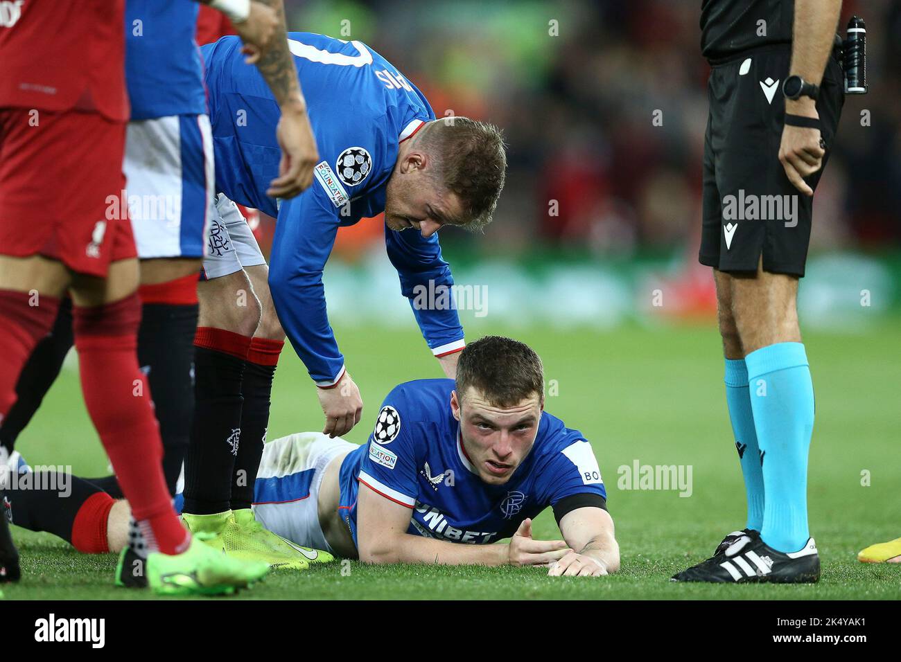 Liverpool, UK. 04th Oct, 2022. Leon King of Rangers lies injured. UEFA ...