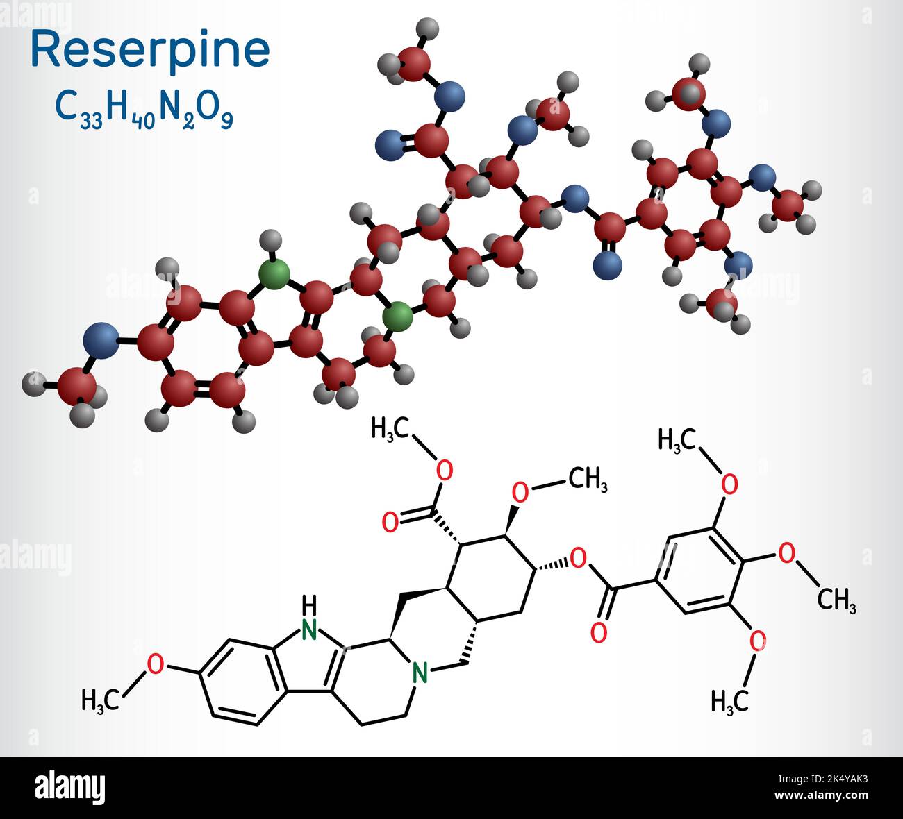 Reserpine alkaloid molecule. It is antihypertensive drug, used for the ...