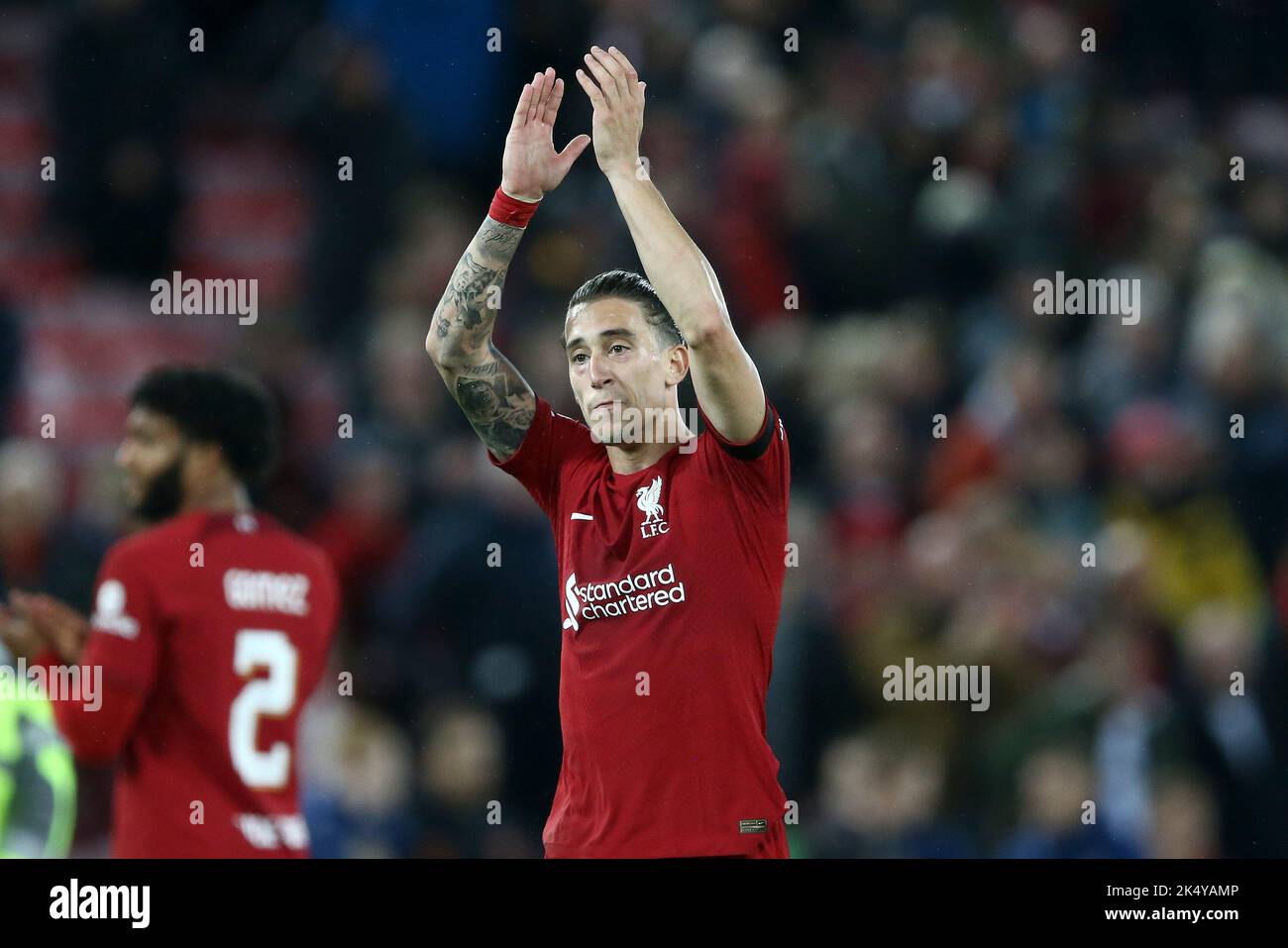 Liverpool, UK. 04th Oct, 2022. Kostas Tsimikas of Liverpool shows his ...