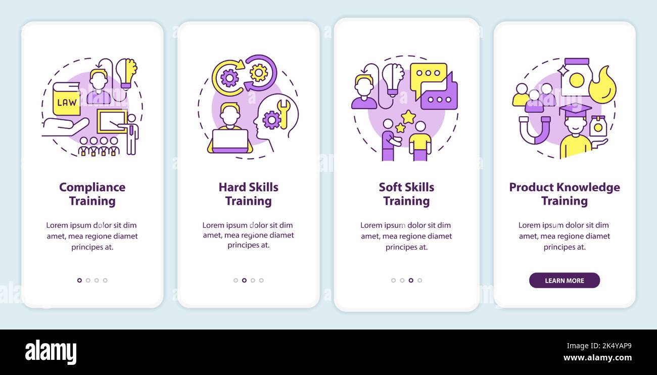 Types of training programs onboarding mobile app screen Stock Vector ...