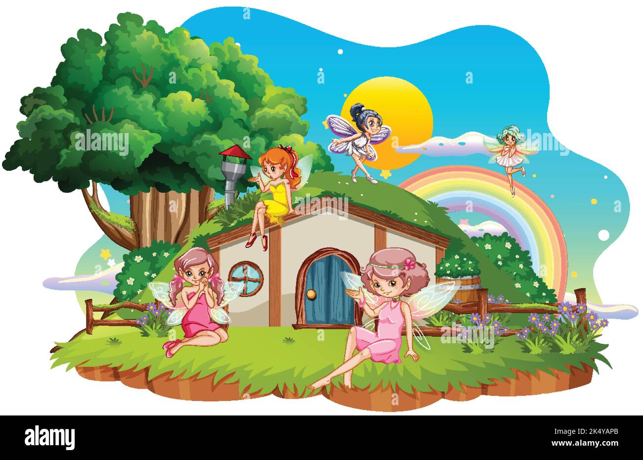Fairies at hobbit house on white background illustration Stock Vector ...