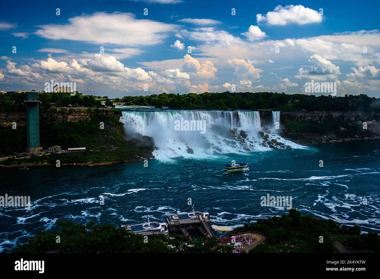 Canadian side view of Niagara Falls, American Falls, Horseshoe Falls, Niagara River, tourist ...