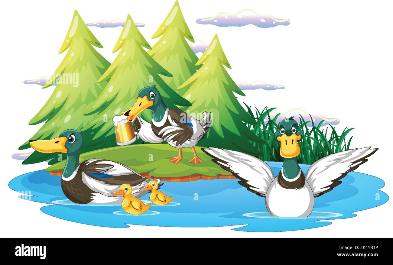 Happy duck group in nature scene illustration Stock Vector Image & Art ...