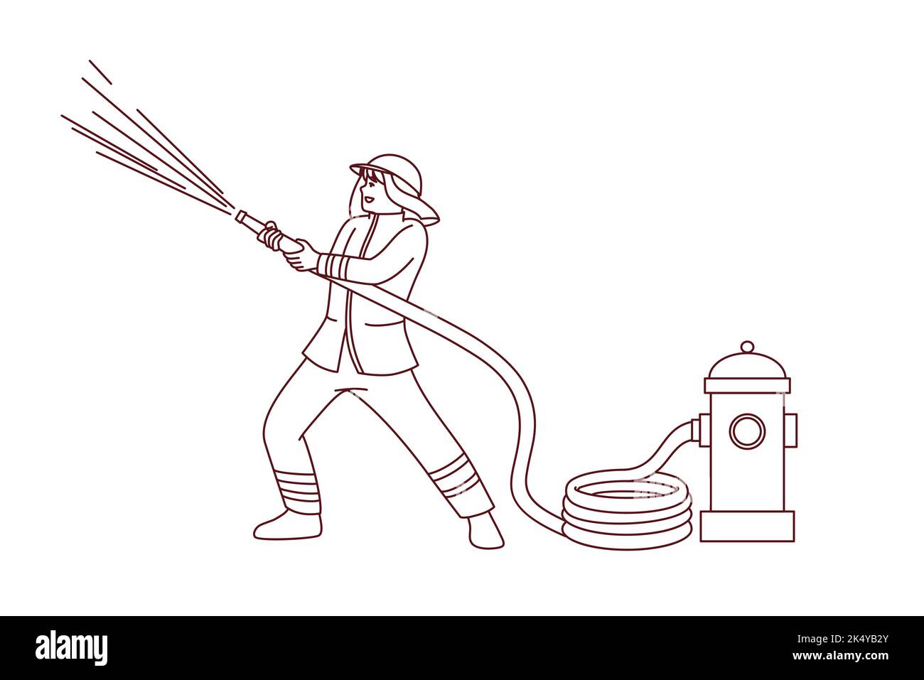 Male fireman with hose pouring water on burning building or house. Man ...