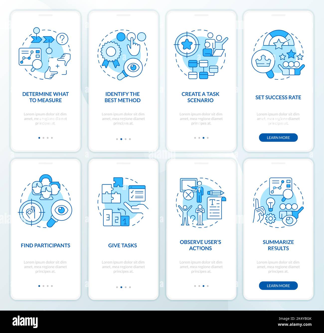 Usability Test Plan Blue Onboarding Mobile App Screen Set Stock Vector