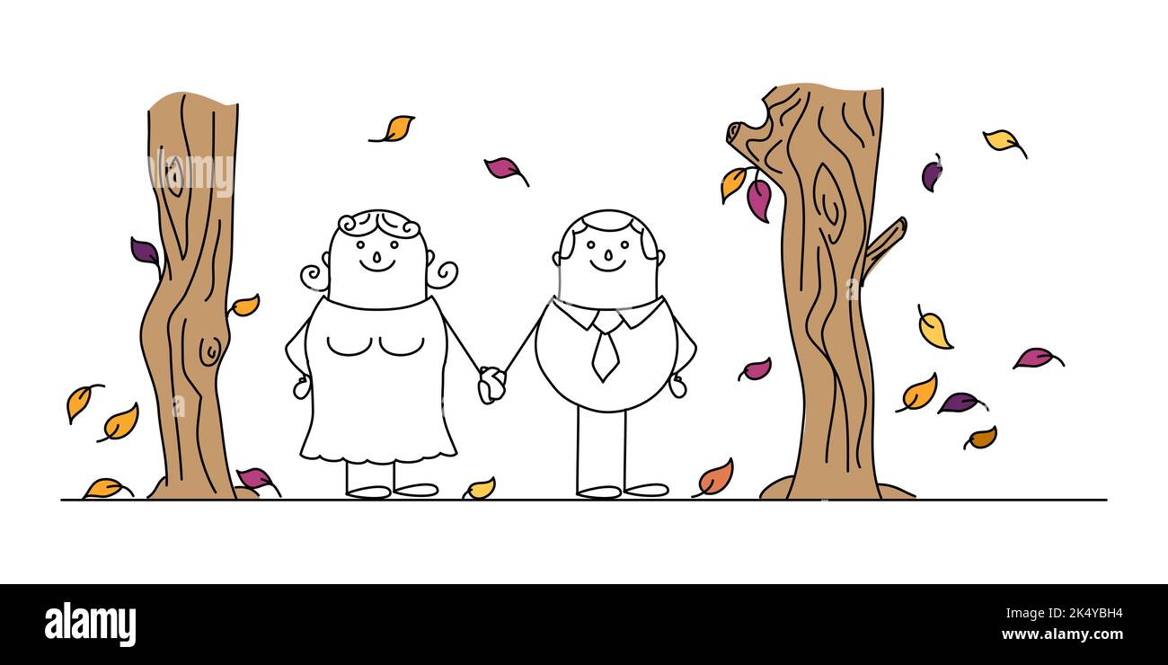 Hand drawn Cartoon Young Couple on a date. Holding Hand Walking In ...