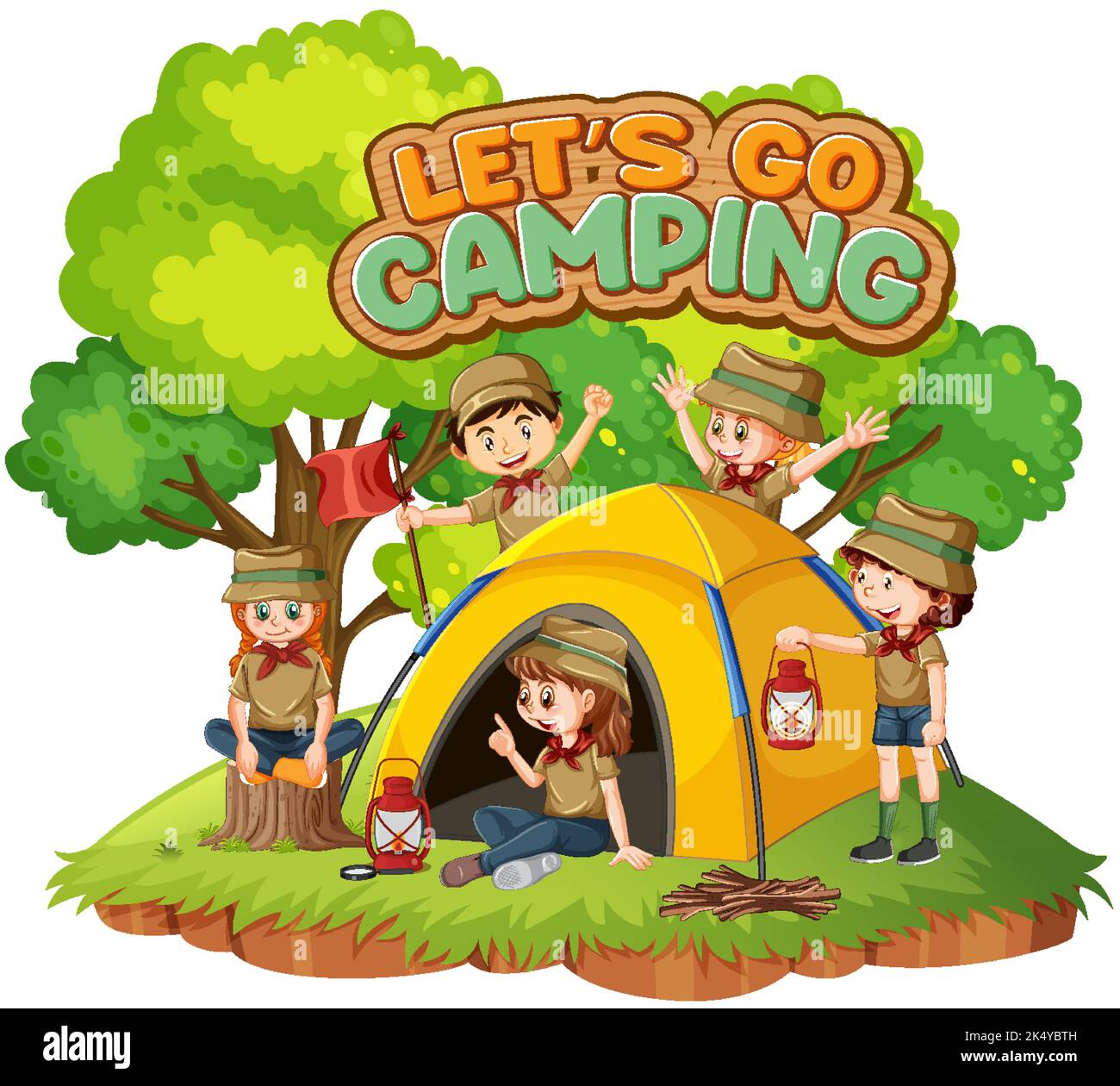 Camping kids and text design for word let's go camping illustration ...