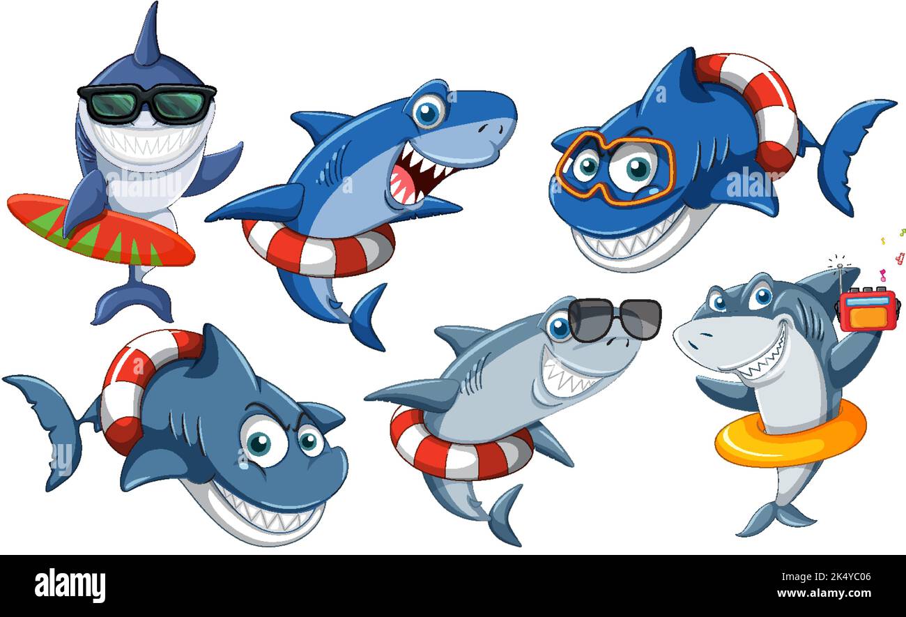 Set of summer shark cartoon character illustration Stock Vector Image ...