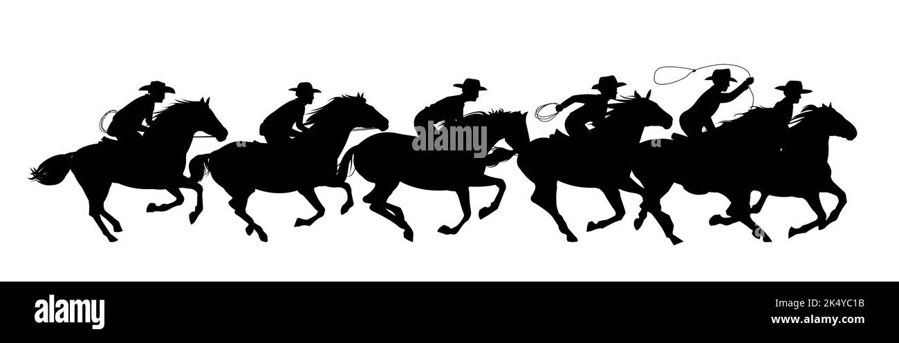 Cowboys ride horses. Picture black silhouette. Riders on horseback ...