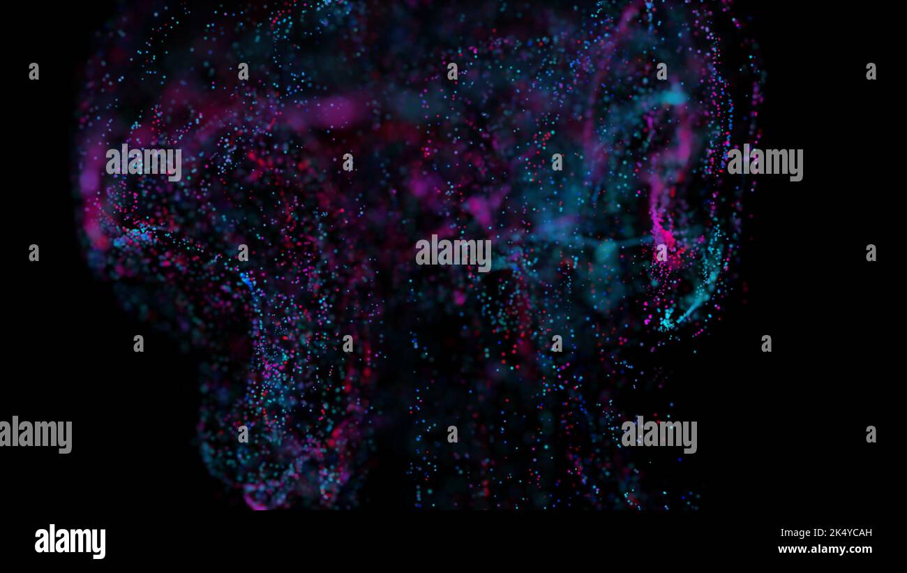 3D rendering of a multicolored, vibrant, abstract cloud of particles in space. Glowing fluid ...