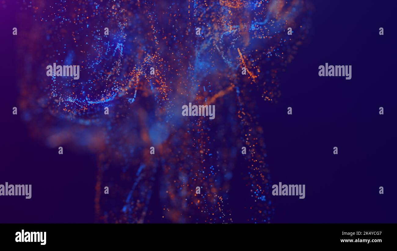 3D rendering of a multicolored, vibrant, abstract cloud of particles in space. Glowing fluid ...