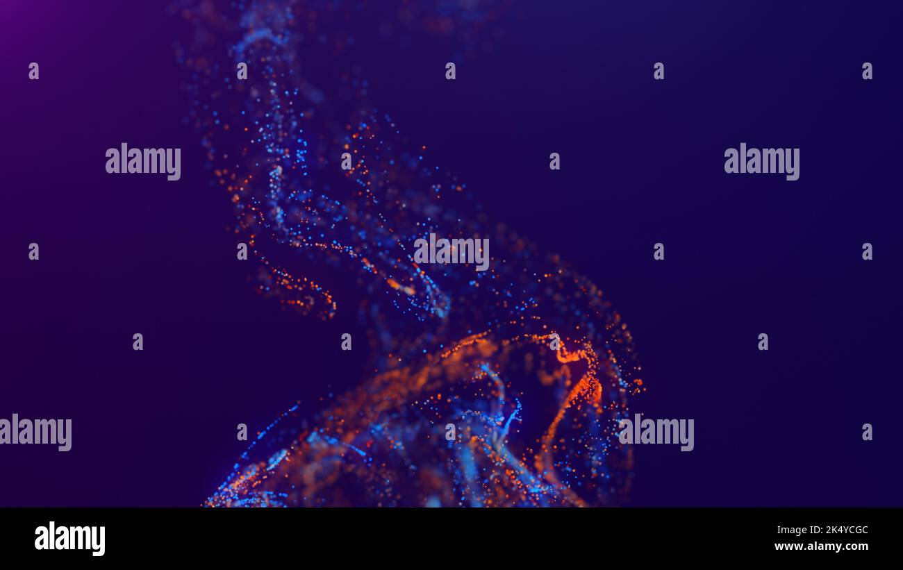 3D rendering of a multicolored, vibrant, abstract cloud of particles in space. Glowing fluid ...