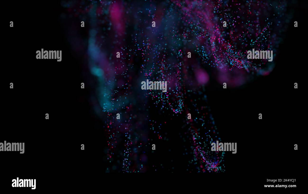 3D rendering of a multicolored, vibrant, abstract cloud of particles in space. Glowing fluid ...