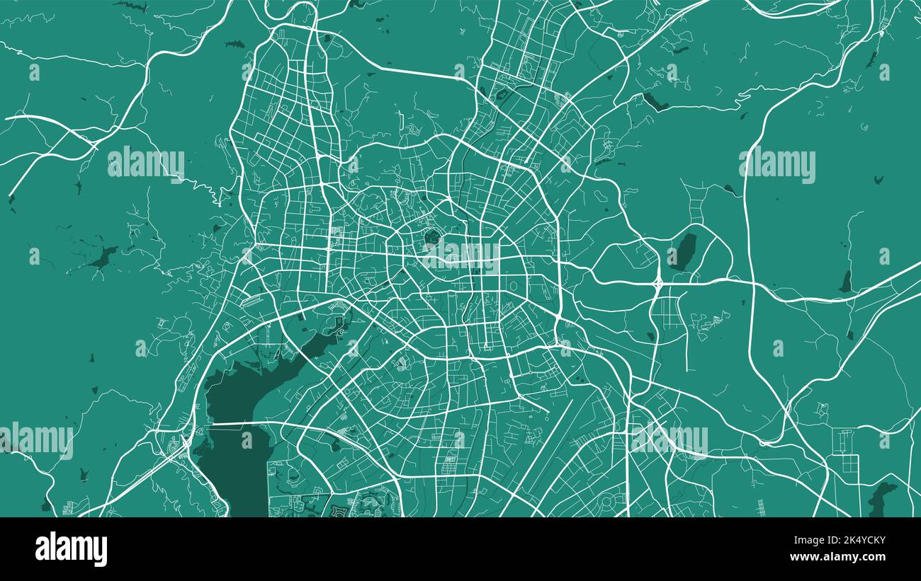 Dark green Kunming city area vector background map, roads and water ...