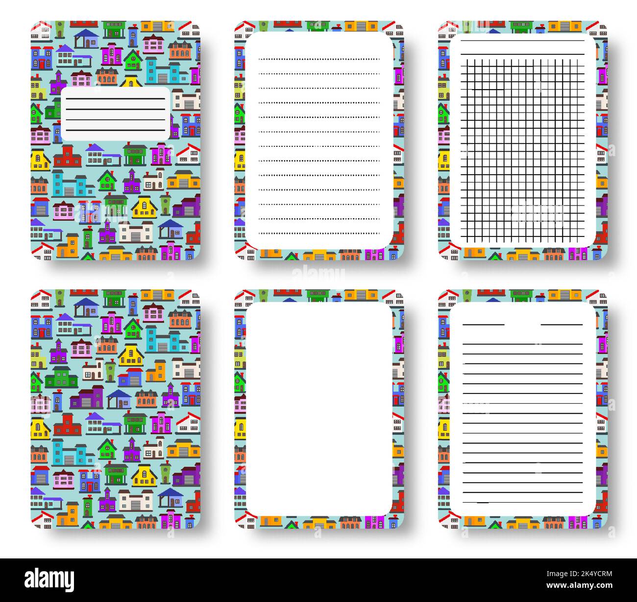 City house notebook cover and lined pages set. Town cottage urban ...