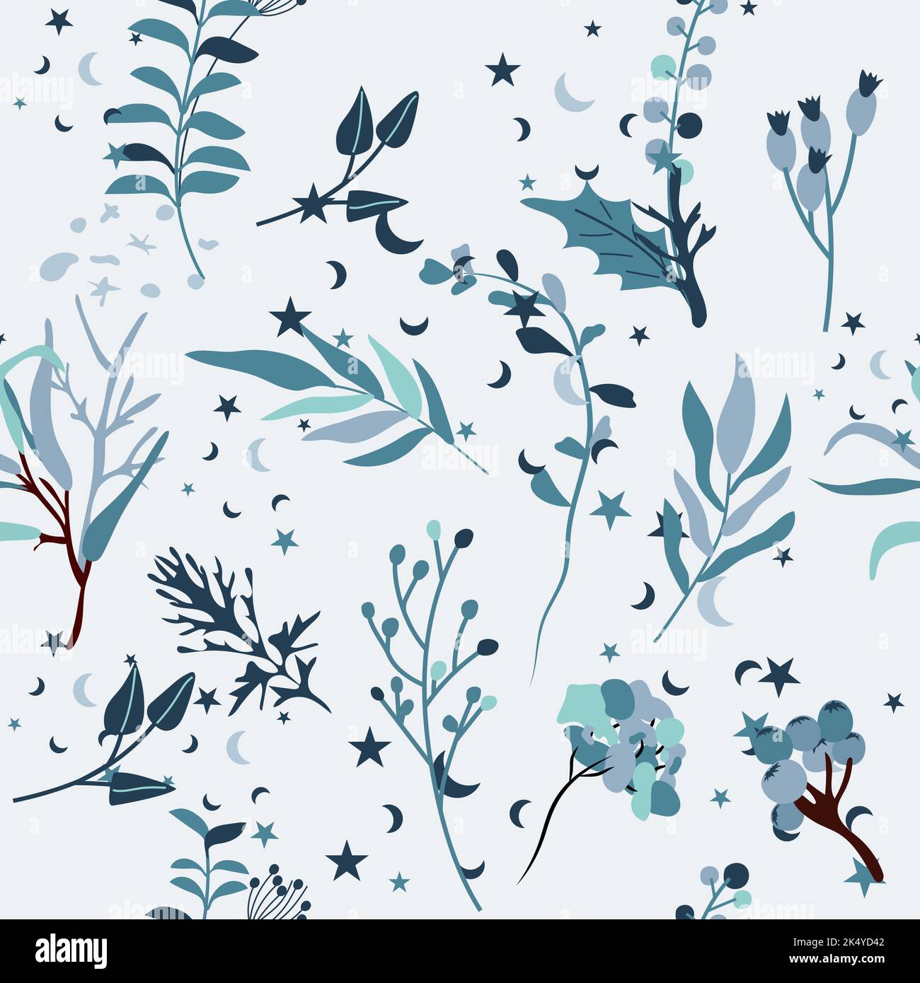 Seamless patterns with winter flowers, blue berries, flowers, leaves ...