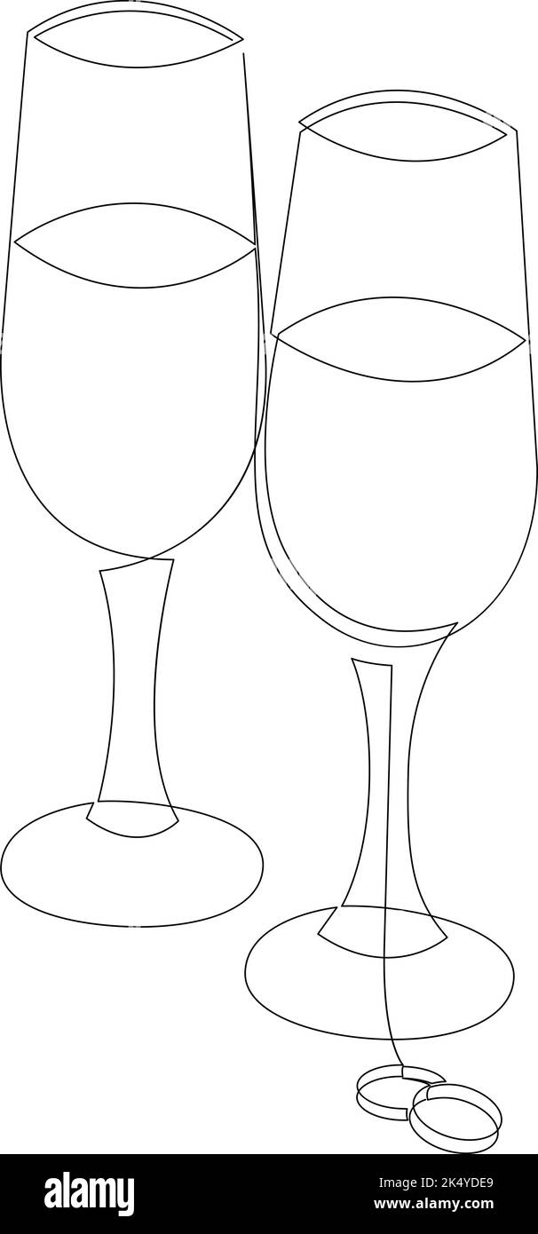 Continuous line drawing of two glasses with champagne and wedding rings ...