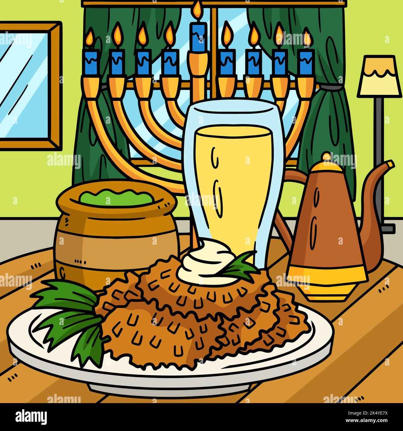 Hanukkah Latke with Menorah Colored Cartoon Stock Vector Image & Art ...