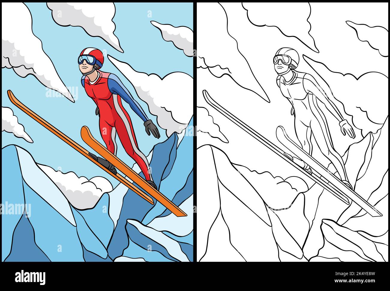 Ski Jumping Coloring Page Colored Illustration Stock Vector Image & Art ...