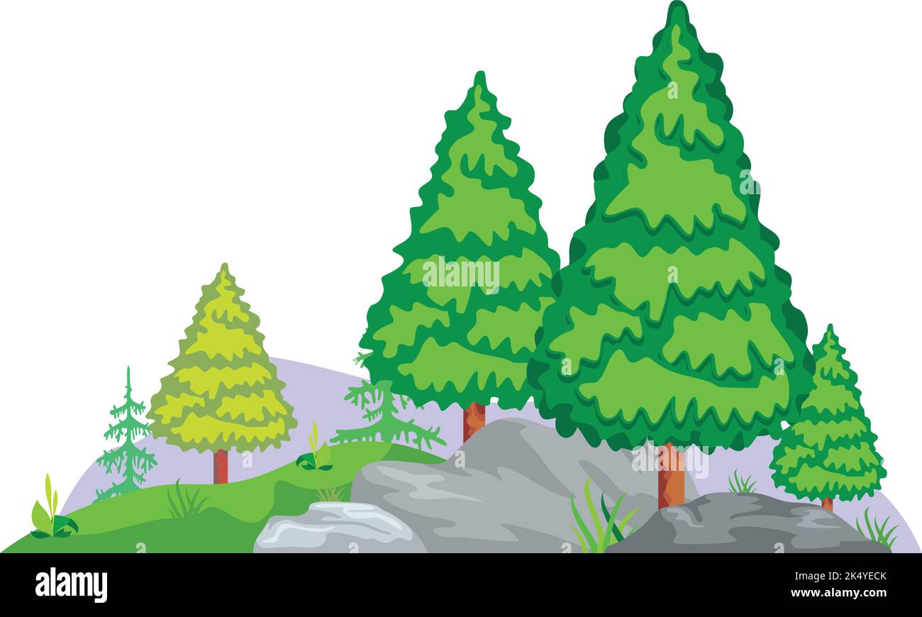 Forest landscape with evergreen trees and rocks. Nature icon Stock ...