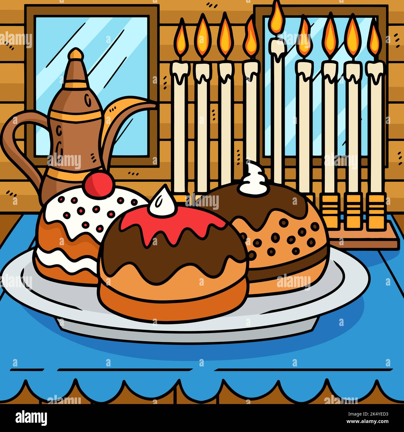Hanukkah Sufganiyah with Menorah Colored Cartoon Stock Vector Image ...