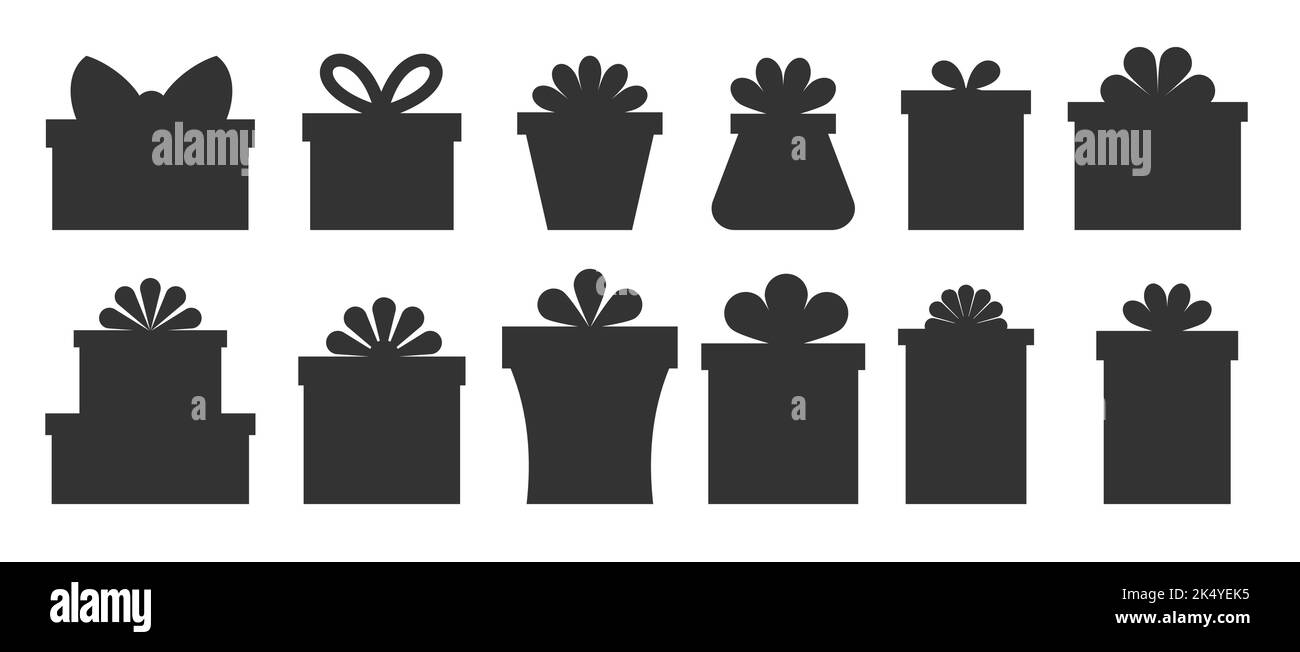 Gift box black silhouette flat set. Different shapes and sizes Birthday ...