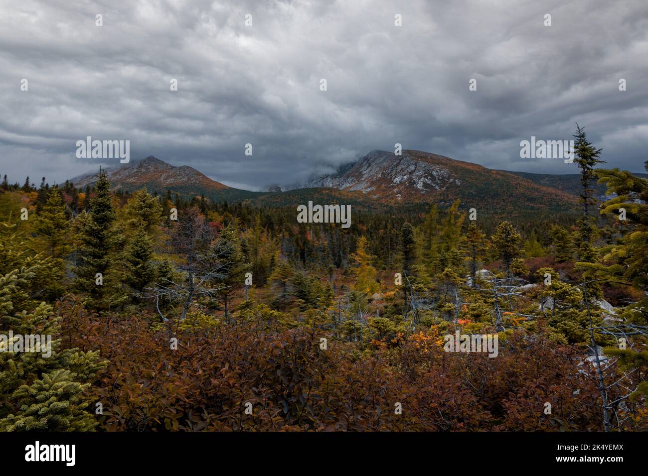 View of Baxter Peak from Chimney Pond Trail overlook in Maine with ...