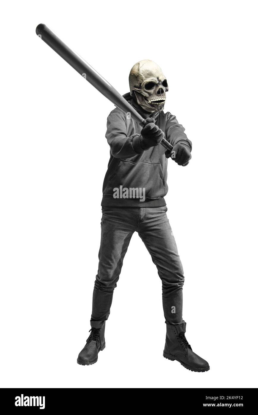 Man with a skull head costume for Halloween holding baseball bat ...