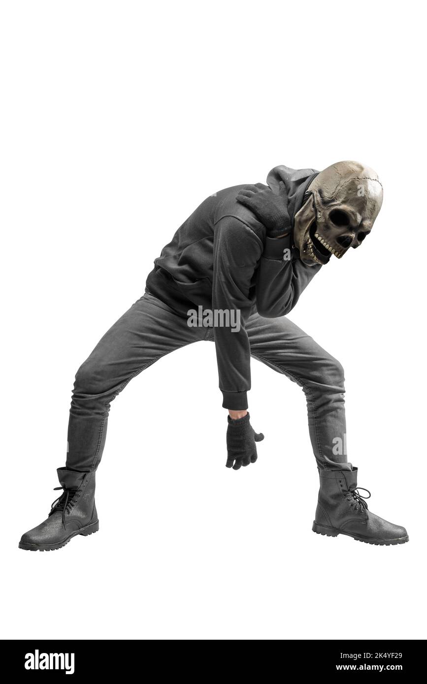 Man with a skull head costume for Halloween isolated over white ...