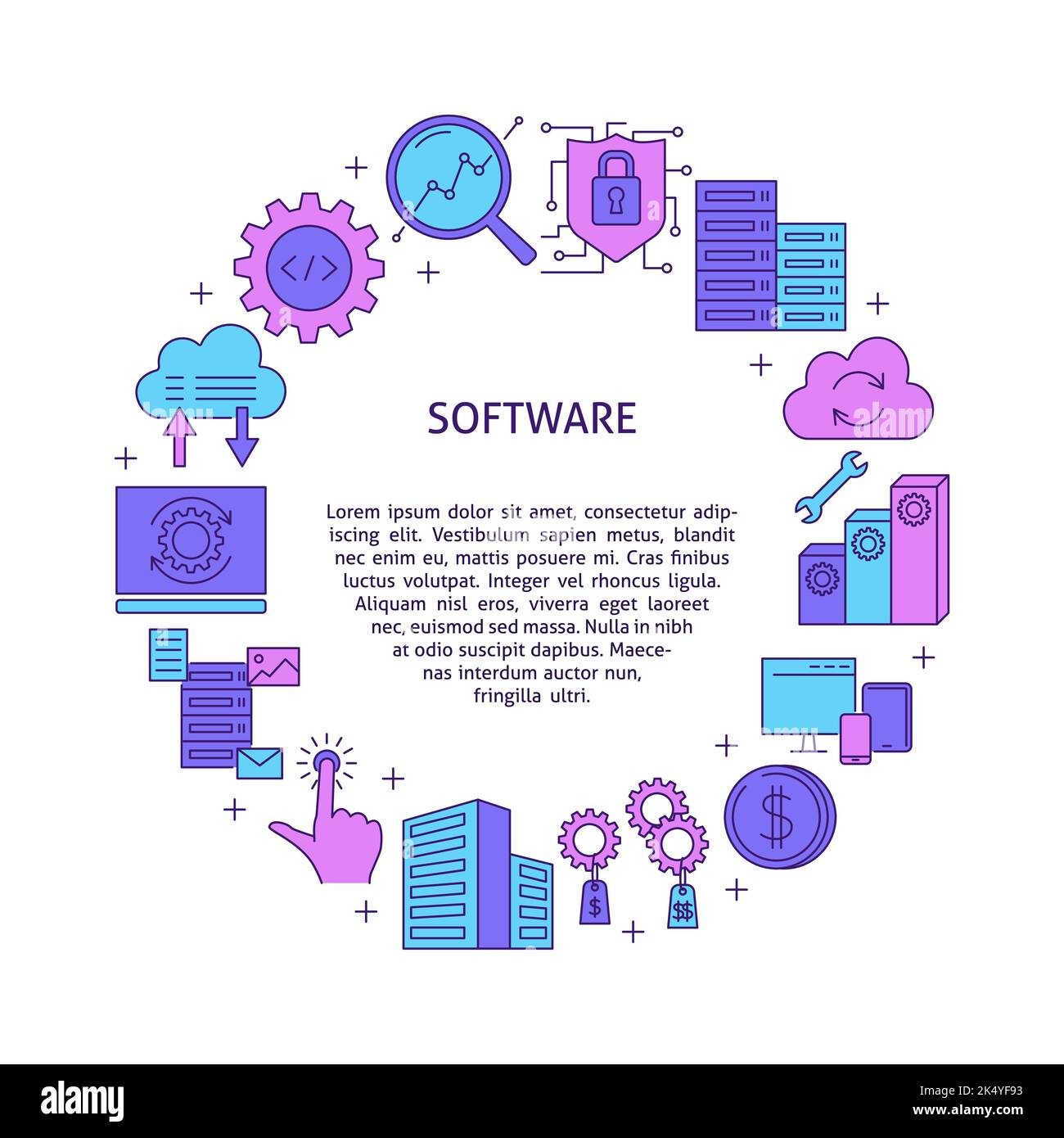 Computer software round banner with place for text. Vector illustration ...
