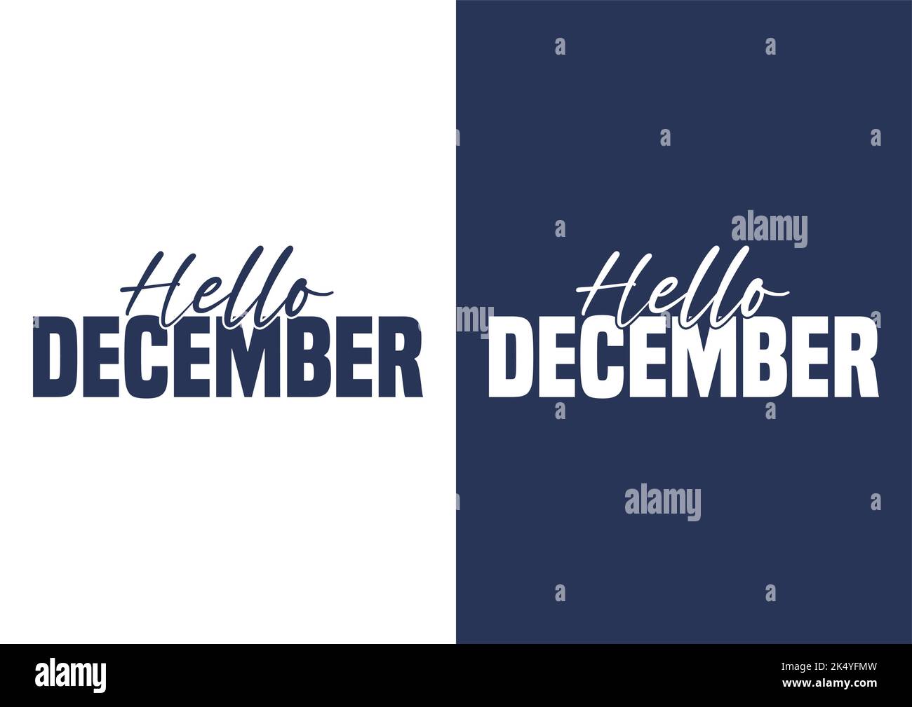 The "Hello December" lettering design in dark blue and white colors ...
