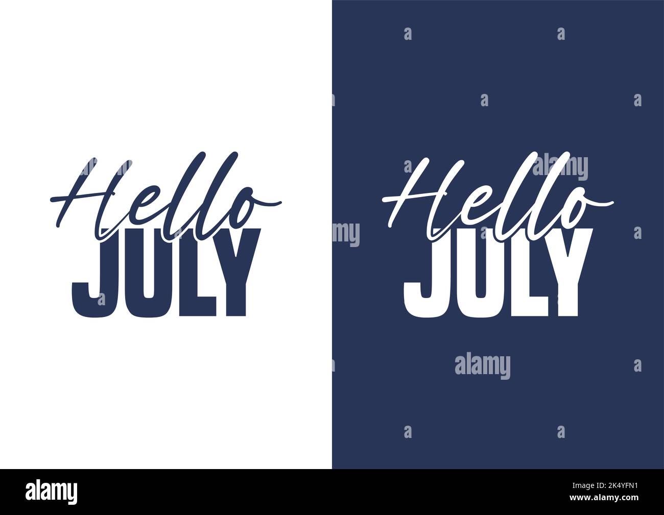 The "Hello July" lettering design in dark blue and white colors Stock ...