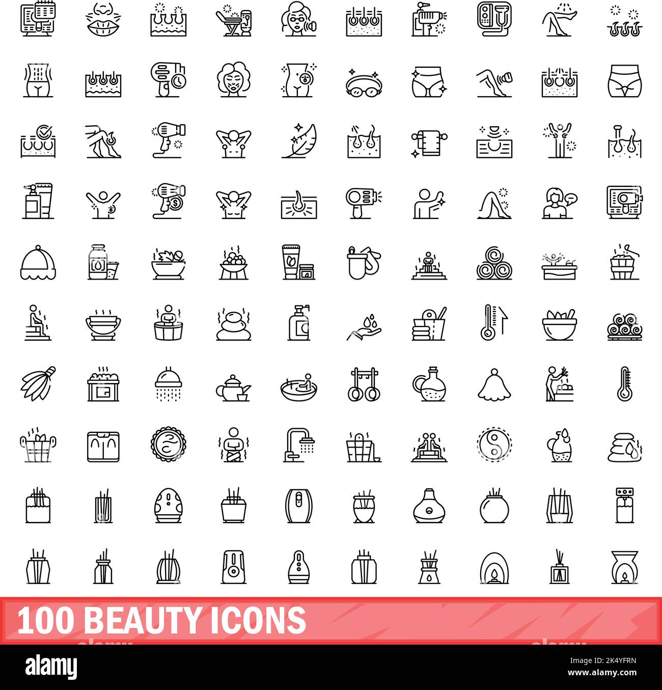 100 beauty icons set. Outline illustration of 100 beauty icons vector ...