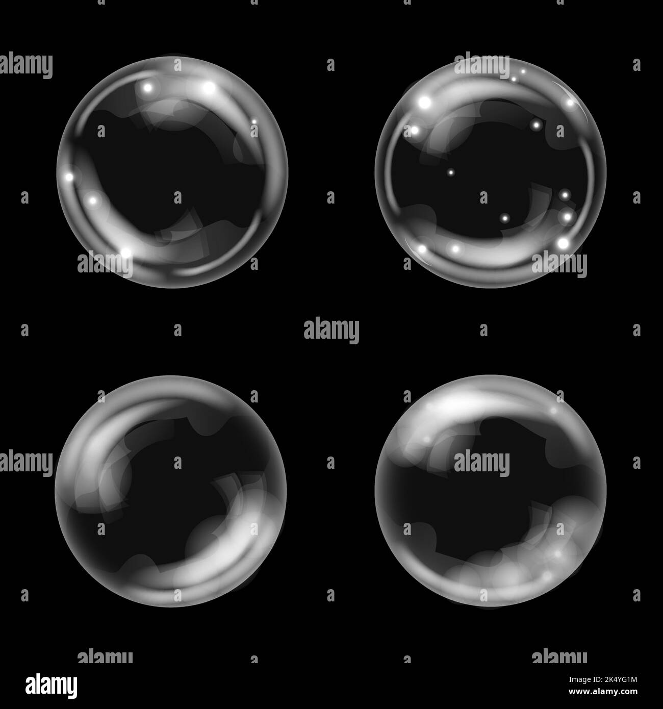 Transparent shiny soap bubbles set. Round bubbles collection on dark ...
