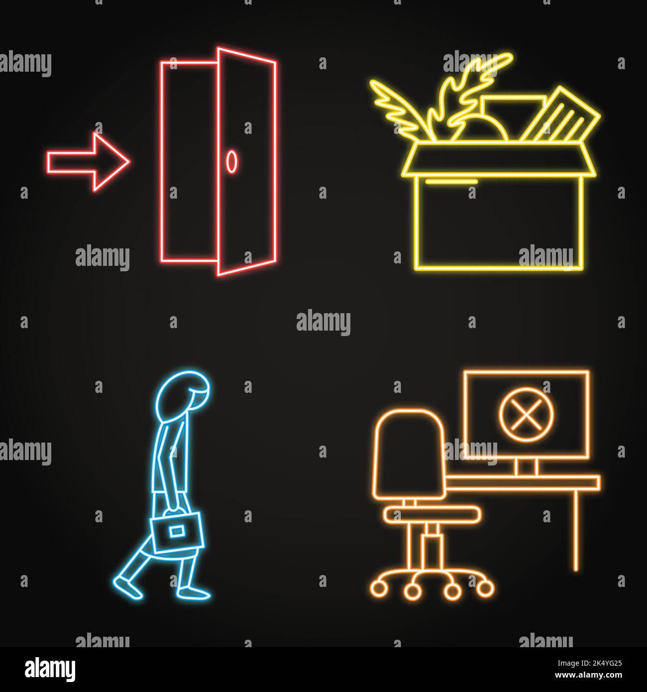 Leaving job neon icon set in line style. Job loss, dismissed ...