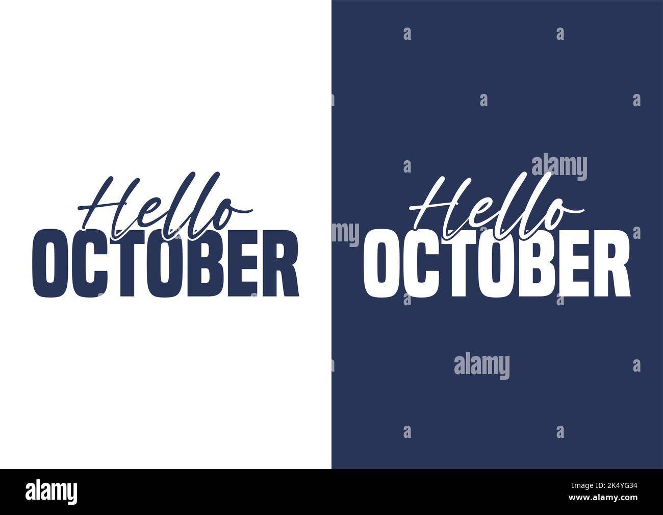 The "Hello October" lettering design in dark blue and white colors ...