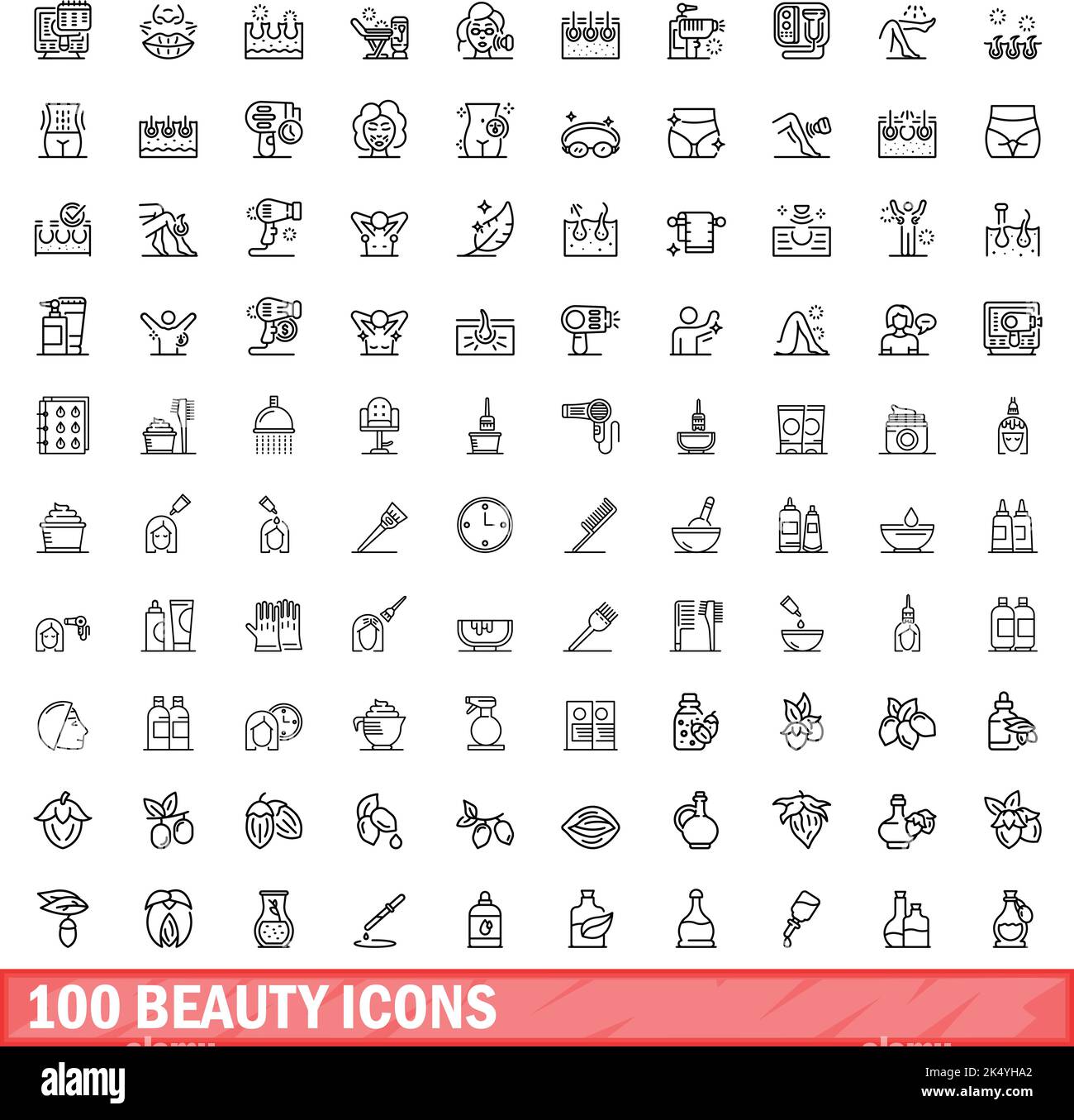 100 beauty icons set. Outline illustration of 100 beauty icons vector ...