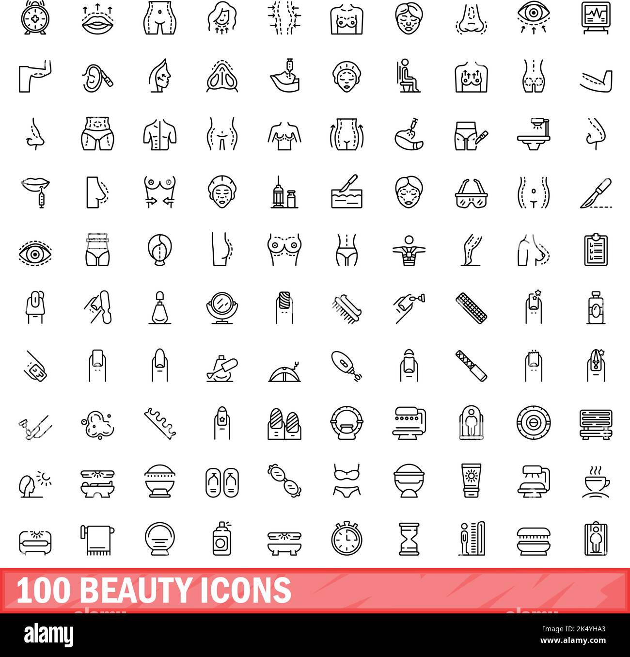 100 beauty icons set. Outline illustration of 100 beauty icons vector ...