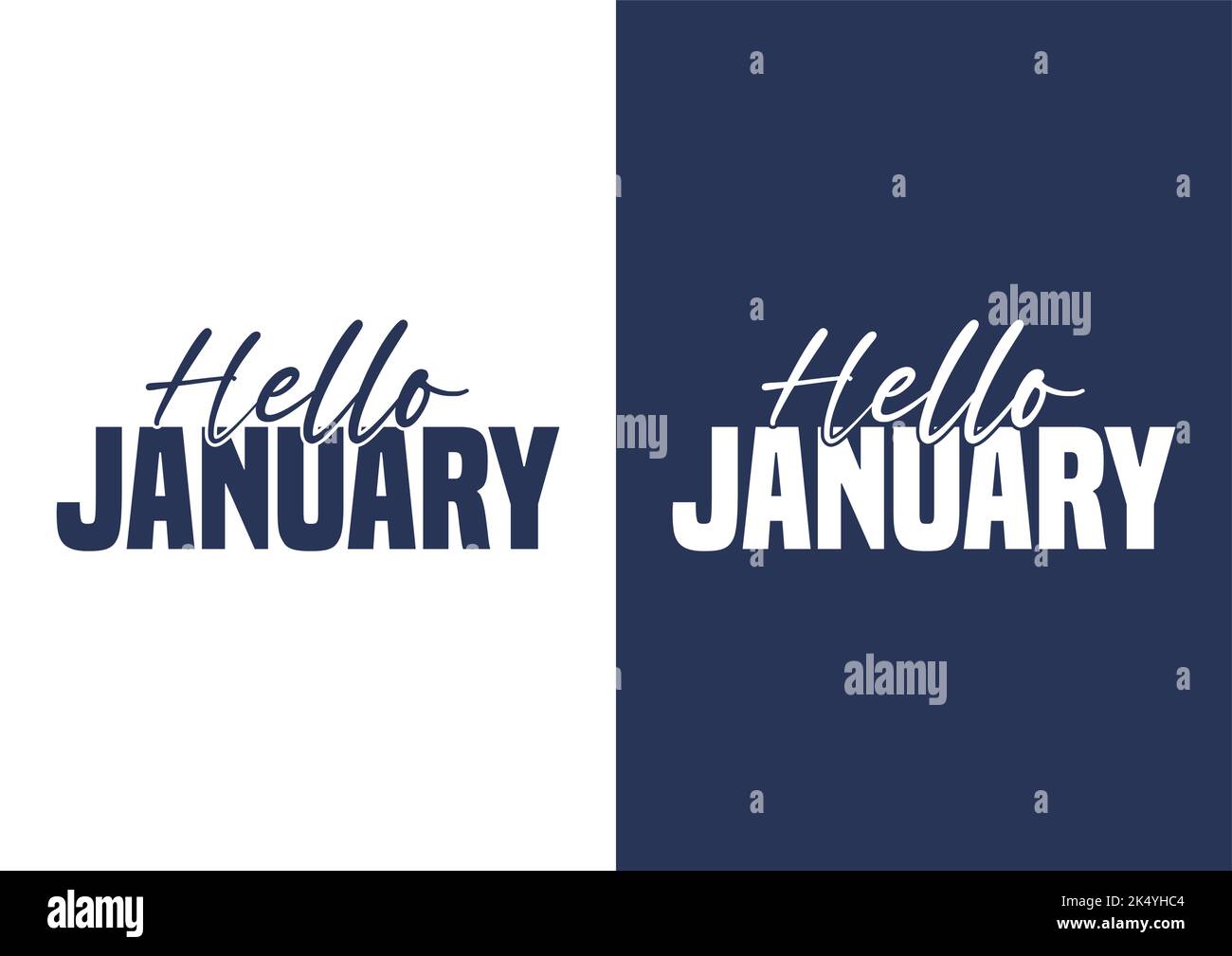 The "Hello January" lettering design in dark blue and white colors ...