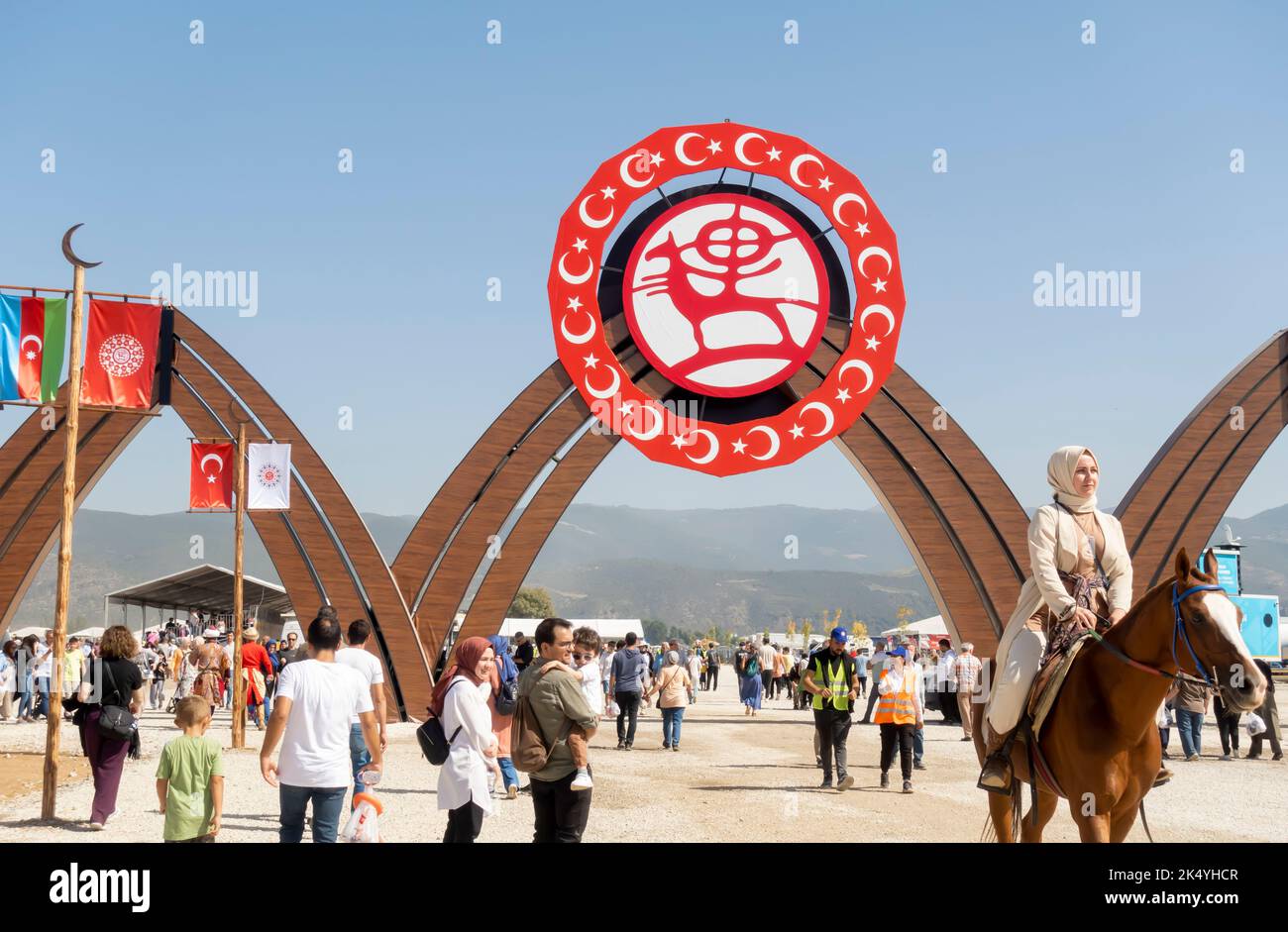 Visitors at the gates of Fourth World Nomad Games in Iznik, Turkey ...