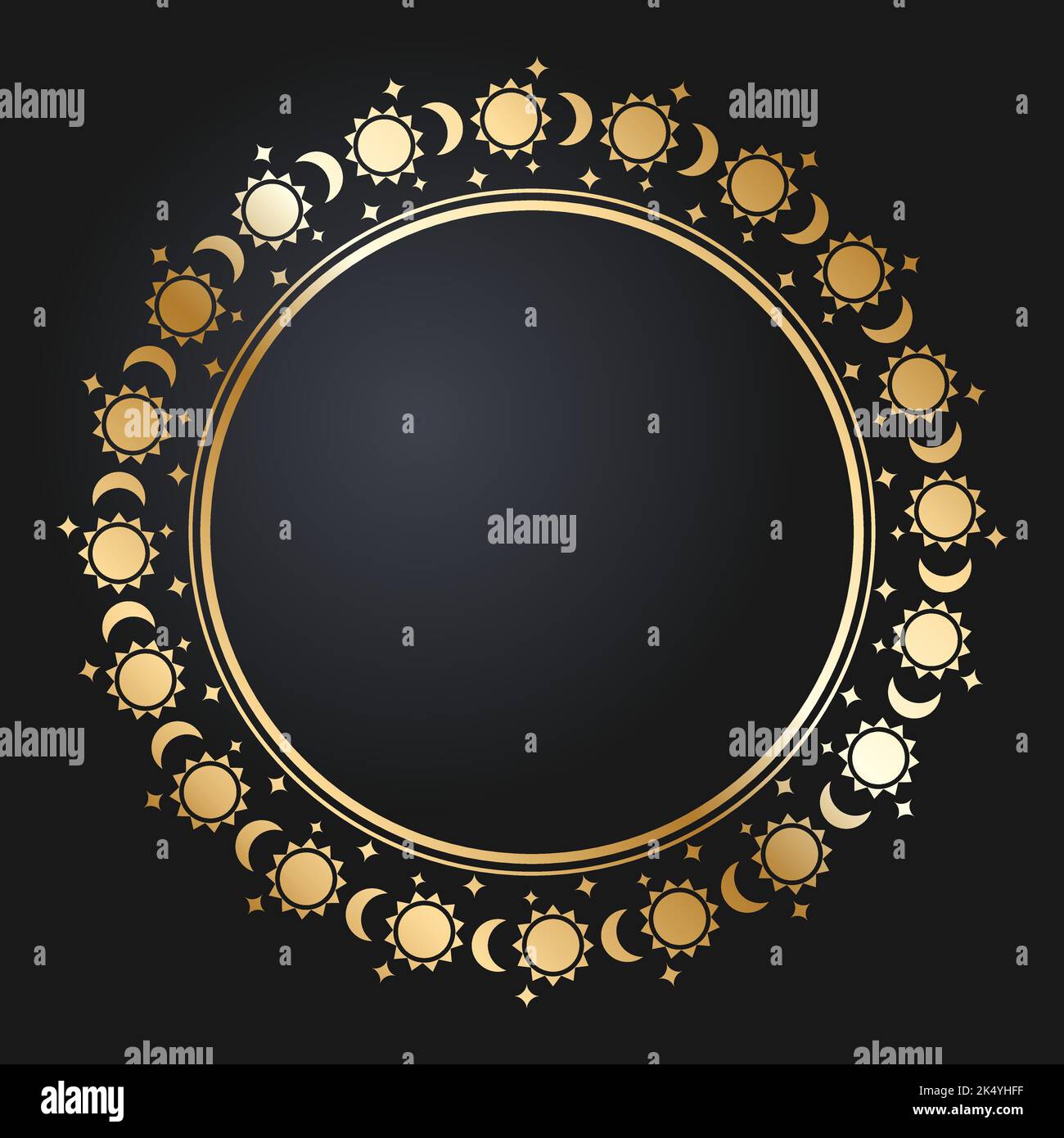 Elegant round golden frame with sun, moon and stars . Festive design ...