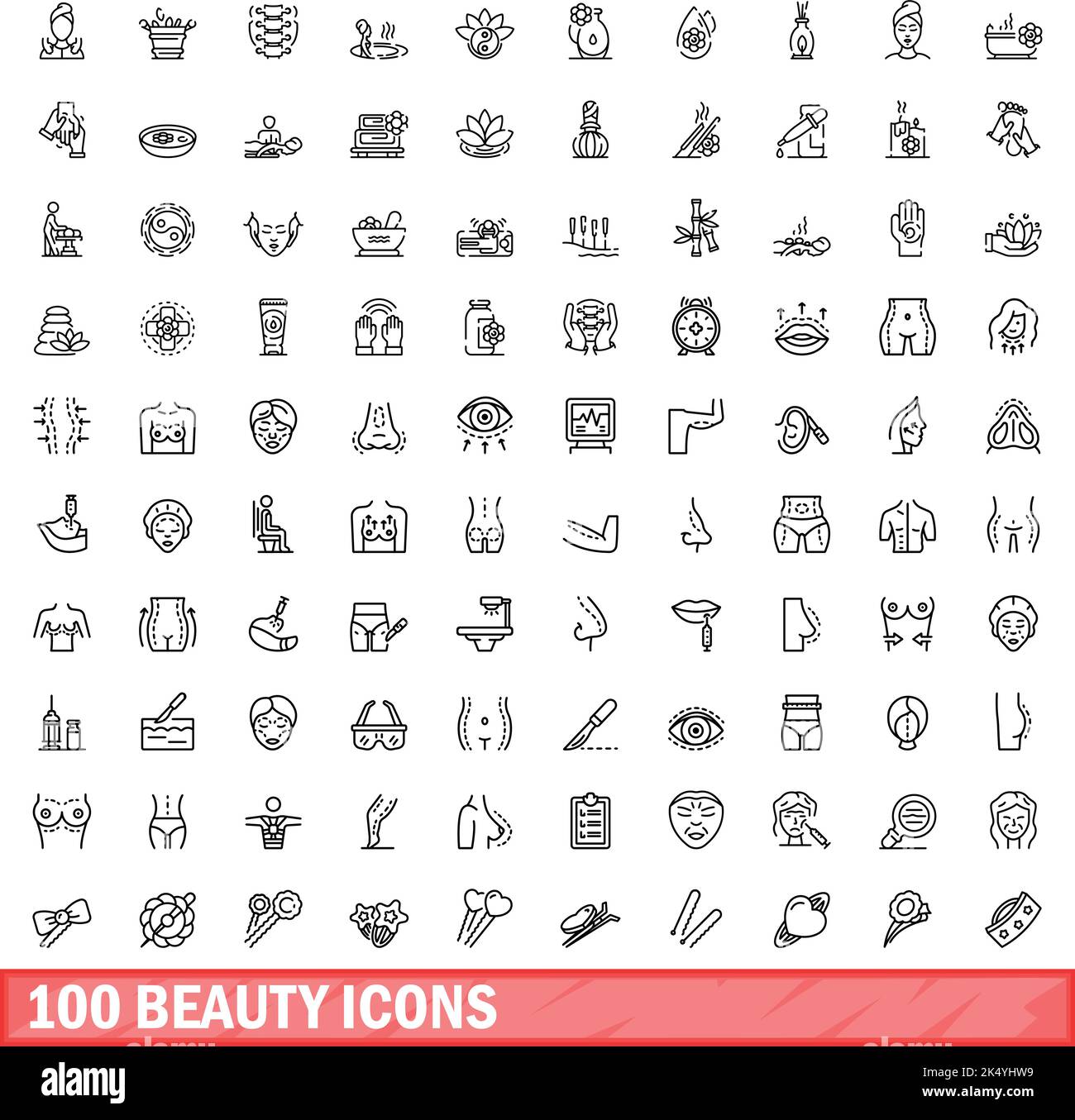 100 beauty icons set. Outline illustration of 100 beauty icons vector ...