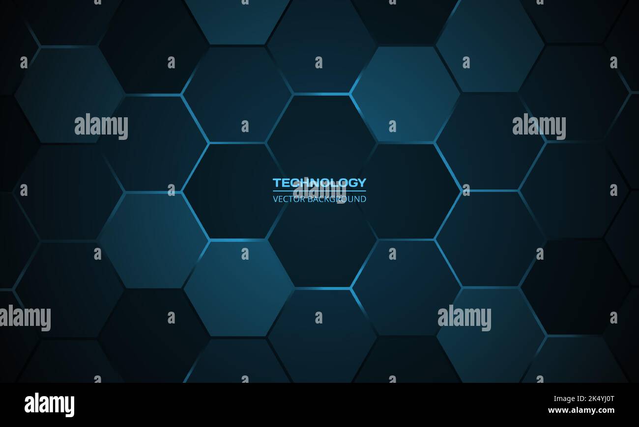 Dark blue hexagon abstract technology background with blue colored bright flashes under hexagon ...