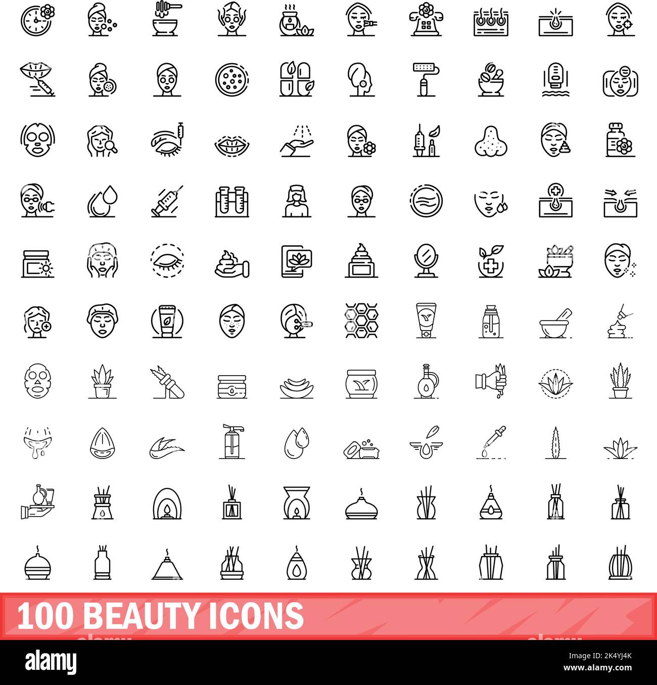 100 beauty icons set. Outline illustration of 100 beauty icons vector ...