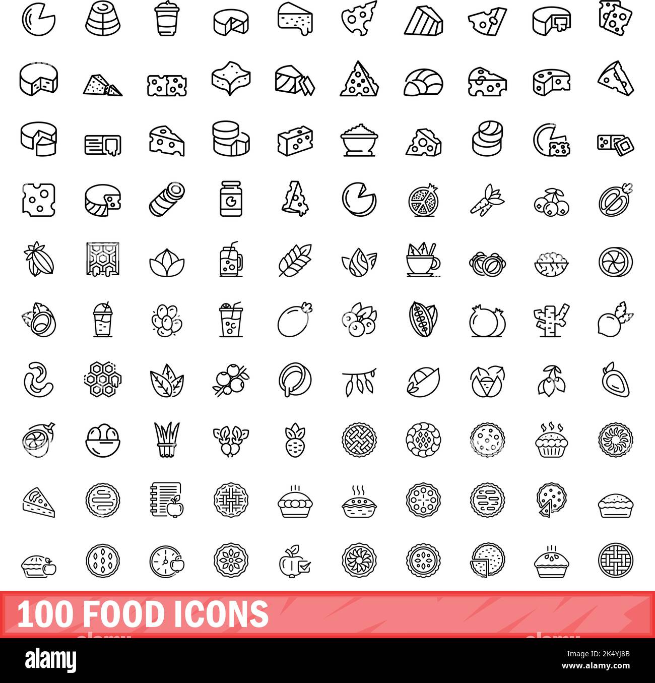 100 food icons set. Outline illustration of 100 food icons vector set ...