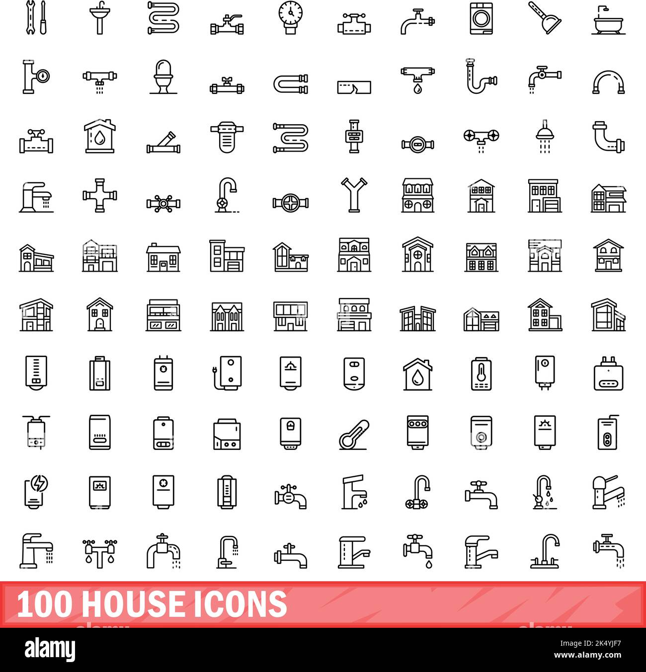 100 house icons set. Outline illustration of 100 house icons vector set ...