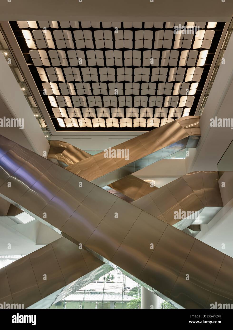 Bangkok, Thailand - Sep 30, 2022 : Interior side view of complexity multiple modern escalators ...